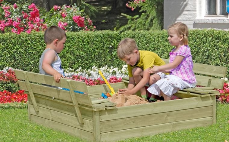 Sandkasse med låg og bænk 120x120x25cm BxLxH - Sandkasser - LEGEHUS.DK A/S